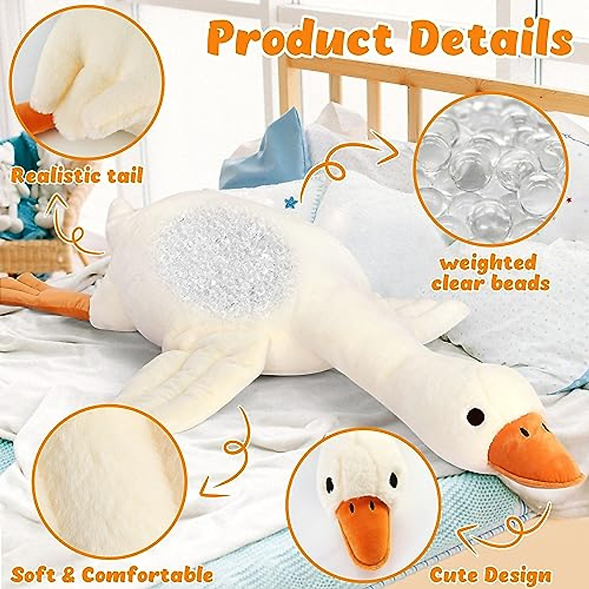 Qicpi 60" Goose Stuffed Animal Weighted Plush Toy White Swan Throw Soft Plush Sleeping Pillow Stuffed Animal Toys for Kids Gifts