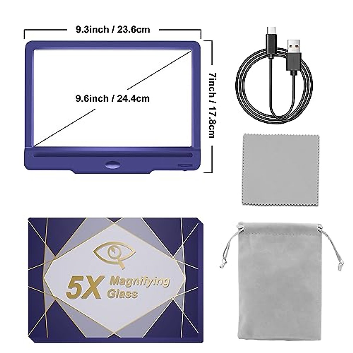 Upgrade Page Magnifying Glass for Reading - 5X Rechargeable Large Lens Magnifier Full Page Rectangular Reading Magnifier 43 LED with Light for Book and Low Vision Person
