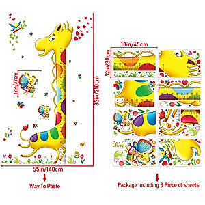 Animals Rainbow Giraffe Height Chart Wall Stickers Inches Kids Measure Height Growth Wall Decals Removable for Nursery Playroom Girls Boys Children's Bedroom Decoration Ruler Measuring Range 8in-6ft