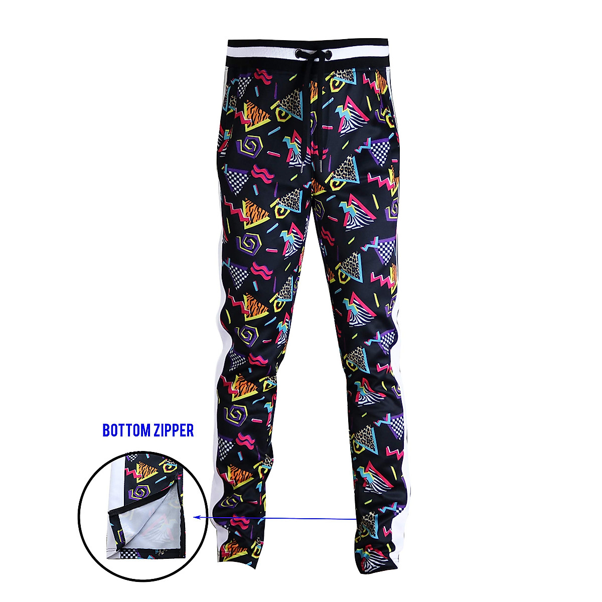 SCREENSHOT-P11904 Mens Hip Hop Premium Slim Fit Track Pants - Athletic Jogger 80's Retro Pattern Print Streetwear Bottoms-Black/Pop-Large