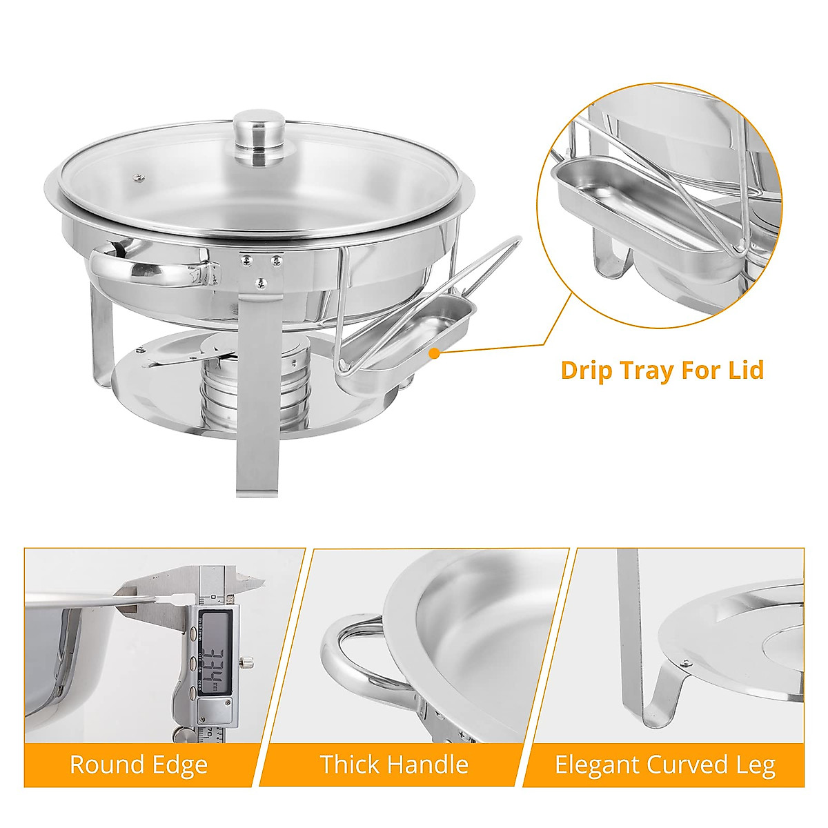 ROVSUN 5 Qt 2Pack Chafing Dish Buffet Set, NSF Stainless Steel Round Chafers for Catering, Buffet Servers and Warmers Set with Glass Lid & Lid Holder, Thick Stand Frame for Wedding Party Banquet Event