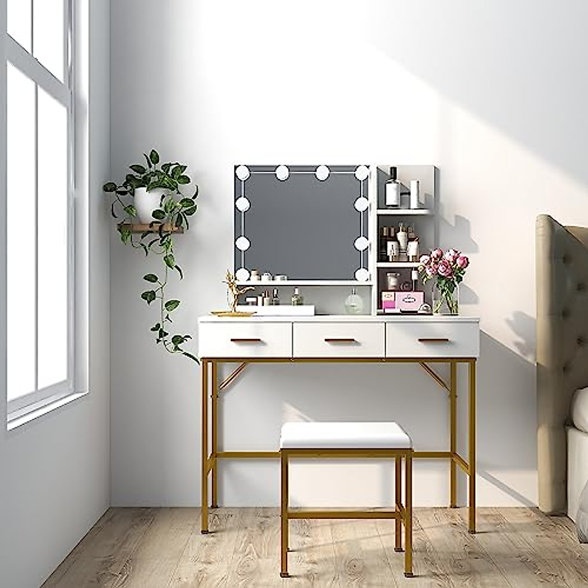 Vanity Table with Lighted Mirror, 3 Drawers Makeup Desk Dressing Table with Lots Storage Vanity Set with Wider Cushioned Stool for Bedroom (White)