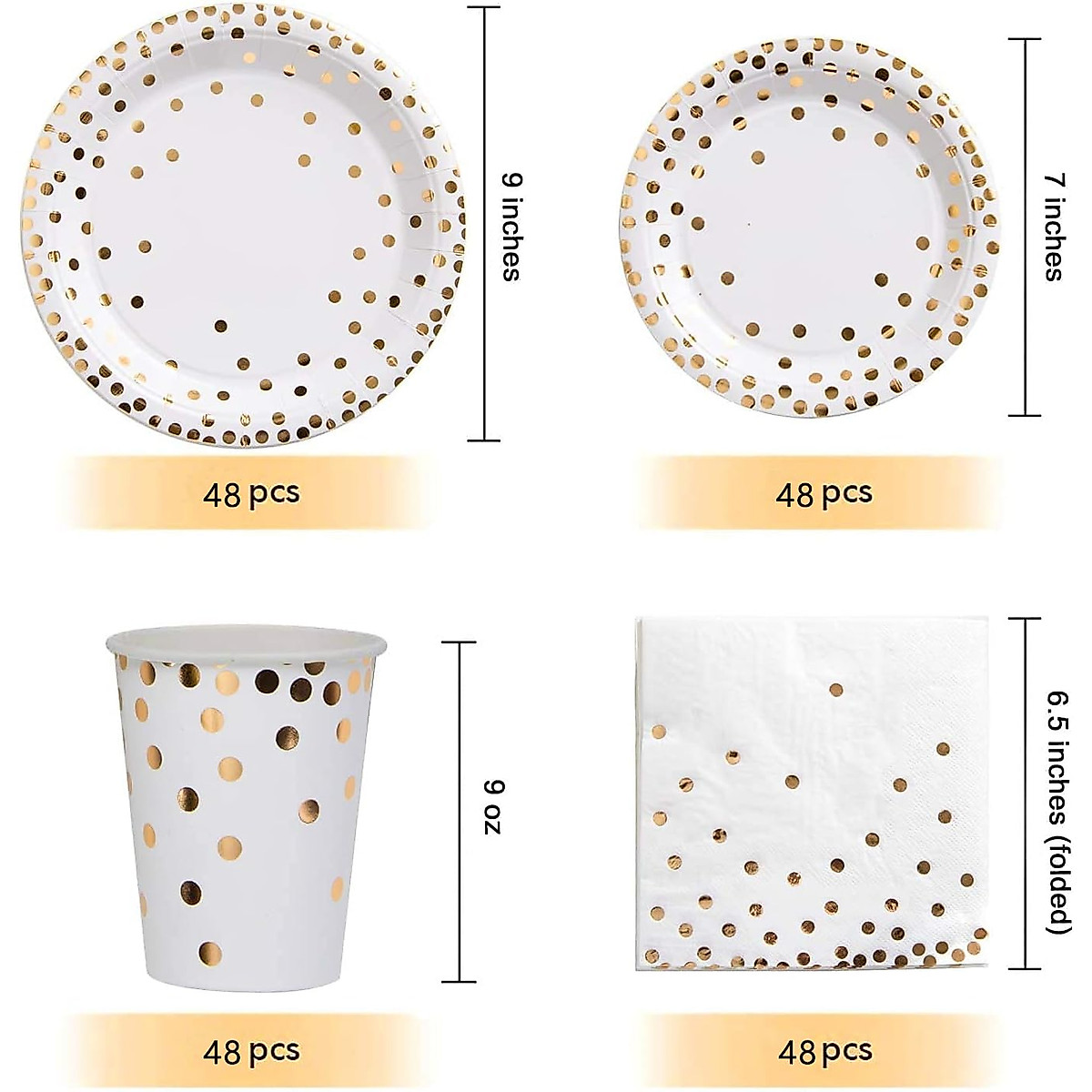 hapray 193 PCS Disposable Paper Plates Gold Party Supplies, Golden Polka Dots Birthday and Baptism Decorations, include Plates and Cups, Napkins, Plastic Tablecloth for Baby Shower Wedding Christmas