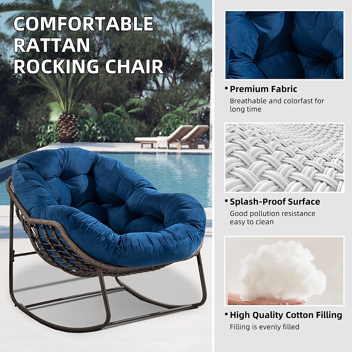 QQU Patio Rocking Chairs Set of 2，Indoor & Outdoor Wicker Rocker Chairs with Padded Cushion, All-Weather Rattan Chair with Steel Frame, Modern Lounge Egg Chair, Front Porch, Backyard,A-Navy