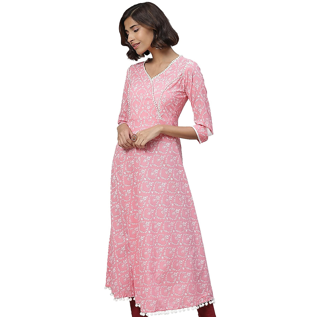 Yash Gallery Women's Cotton Floral Print Anarkali Kurtis (Light Pink)