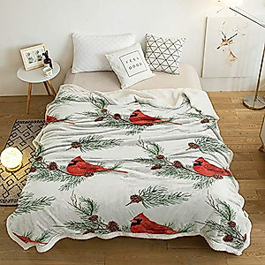 SUN-Shine Sherpa Fleece Throw Blanket Cardinal Birds with Pine Cones Leaves Home Decor Reversible Fuzzy Warm and Cozy Throws, Christmas Super Soft Plush Bed TV Blankets for Couch/Sofa/Travel