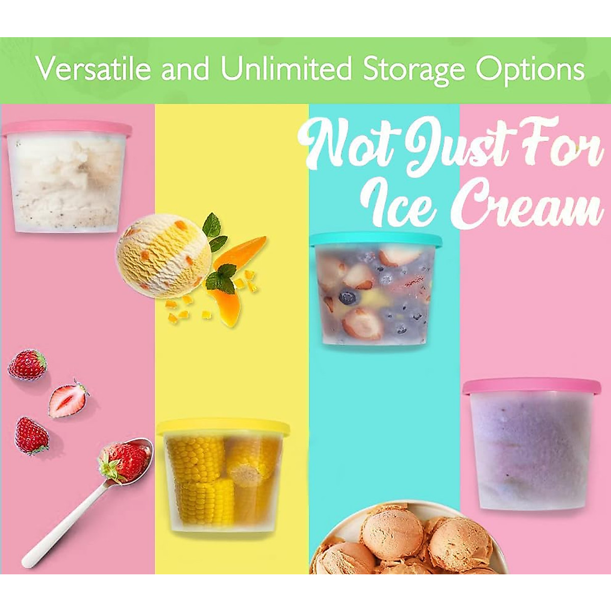 4 Pack Containers Extra Replacement for Ninja Creami Pints and Lids, (16oz) Cups Compatible with NC301 NC300 NC299AMZ Series Ice Cream Maker - Dishwasher Safe, Leak Proof Lids Pink-Mint-Grey-Blue