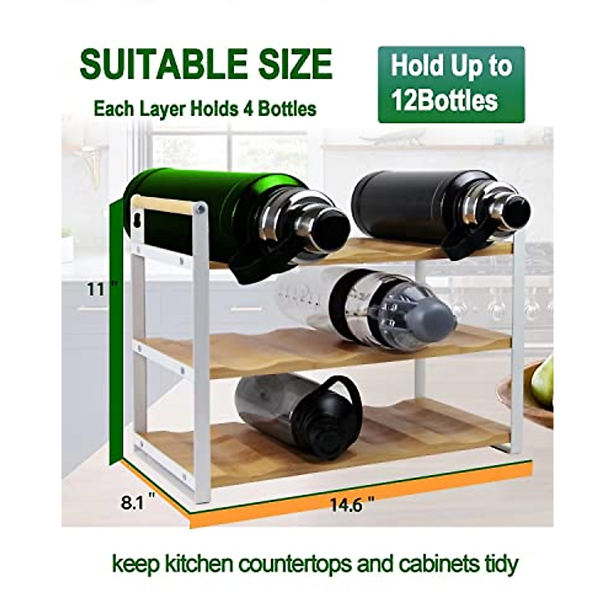 Asyncritus Water Bottle Organizer Suitable for Wall Hanging,Kitchen Countertops,Cabinets,3 Tier Bamboo Stackable Water Bottle Holder, Holds 12 Bottles in Total,Assembled Size: 14.6L×8.1W×11H