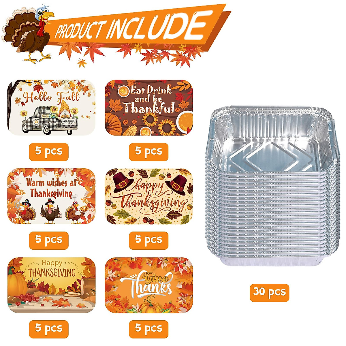 HABDJILTY 30 Thanksgiving Foil Food Containers with Lids Thanksgiving Treat Foil Containers Aluminum Treat Exchange & Goody Party Leftovers for Leftovers for Holiday Festival Thanksgiving