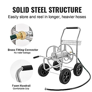 VEVOR Hose Reel Cart, Hold Up to 250 ft of 5/8’’ Hose, Garden Water Hose Carts Mobile Tools with 4 Wheels, Heavy Duty Powder-Coated Steel Outdoor Planting with Storage Basket, for Garden, Yard, Lawn