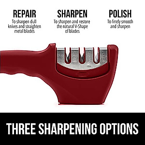Gorilla Grip Easy to Use Knife Sharpener, 3 Sharpening Options to Help Polish, Sharpen and Repair Kitchen Knives, Restore Dull Blades, Slip Resistant Handle, Durable, Professional Chef Quality, Red