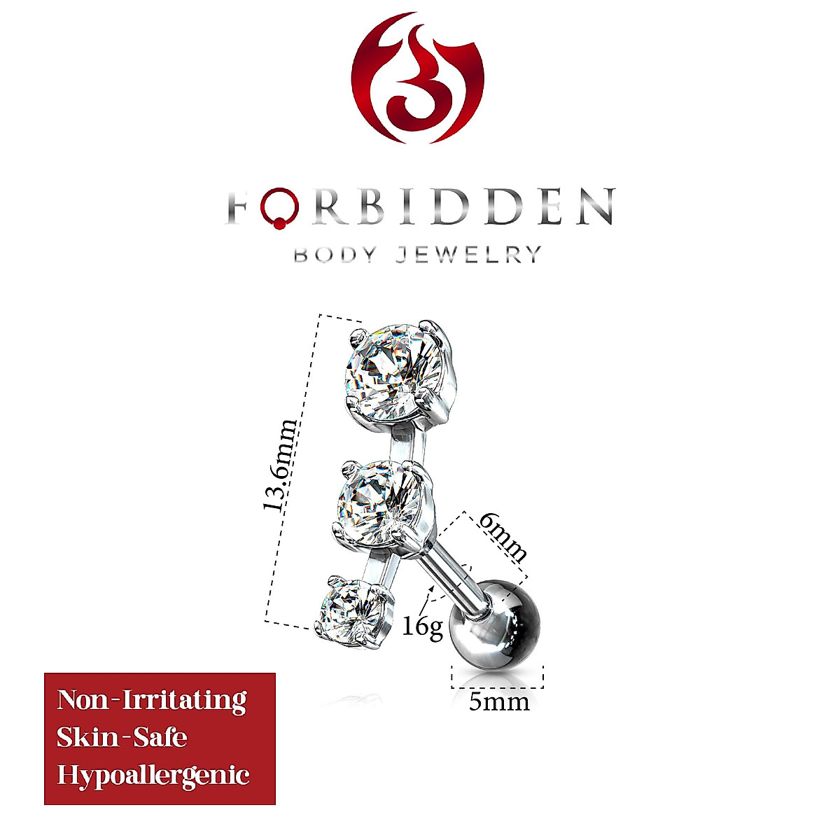 Forbidden Body Jewelry 16g 6mm Surgical Steel Triple Clear CZ Crystal Curved Cartilage Stud Earring
