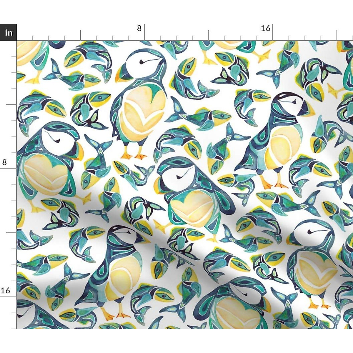 Spoonflower Fabric - Puffin Party Geometric Fish Boy Wildlife Puffins Art Tattoo Printed on Petal Signature Cotton Fabric Fat Quarter - Sewing Quilting Apparel Crafts Decor