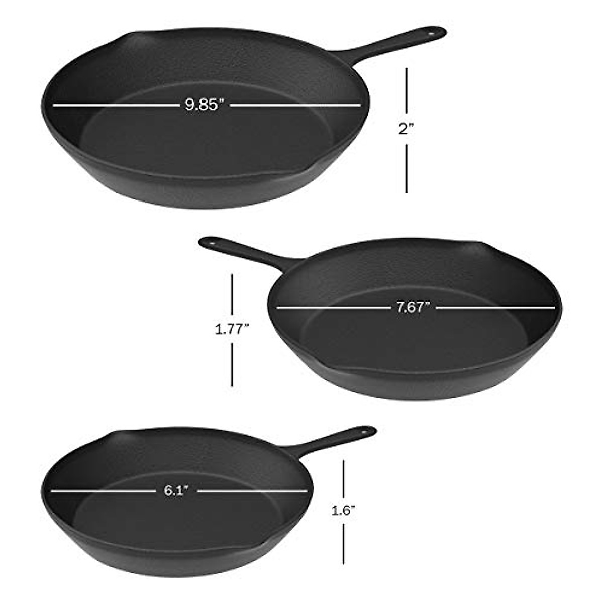 Frying Pans - Set of 3 Pre-Seasoned Cast Iron Skillets with 10-Inch, 8-Inch, and 6-Inch Sizes -Nonstick Camping Cookware by Home-Complete (Black)