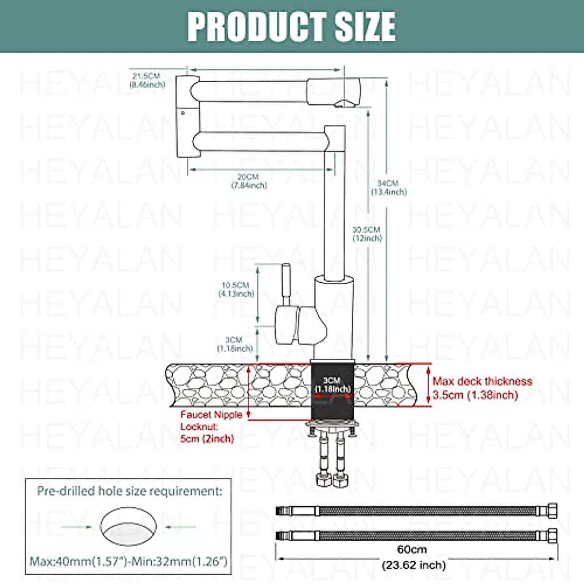 Heyalan Matte Black Pot Filler Faucet, Deck Mounted Single Handle, Double Joints, Free Rotating, Modern Design, Stainless Steel