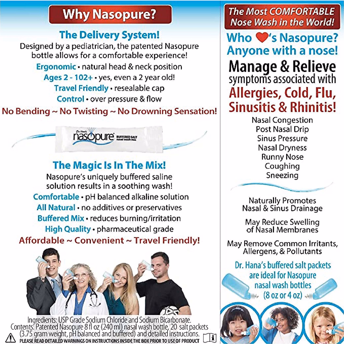 Nasopure Nasal Wash, System Kit, “The Nicer Neti Pot” Sinus Wash Kit, Comfortable Nasal Rinse 8 Oz Bottle & 20 Salt Packets (3.75 Grams Each), Nasal Congestion, Cold, Flu, Allergy, Nasal Irrigation