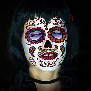 Kotbs 9 Sheets Day of the Died Skeleton Face Tattoo Stickers, Glitter Red Roses Temporary Tattoos for Men Women Halloween Costume Accessories and Parties