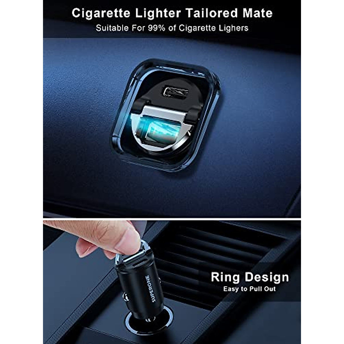 Smallest USB C Car Charger Fast Charge, SUPERONE 60W [Flush Fit] Aluminum Alloy Car Charger PD 30W & QC 30W Cigarette Lighter Compatible with iPhone 14 Pro Max/13/12/11, Samsung S22/S21, iPad, MacBook