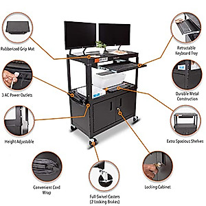 Line Leader Large AV Cart with Locking Cabinet | Height Adjustable Utility Cart | Includes Pullout Keyboard Tray & Cord Management | Easy Assembly (32in x 18in x 42in / Black)