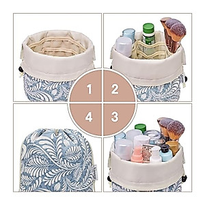 Barrel Drawstring Makeup Bag Travel Cosmetic Bag Large Toiletry Organizer Waterproof for Women (Large, Blue Leaf)