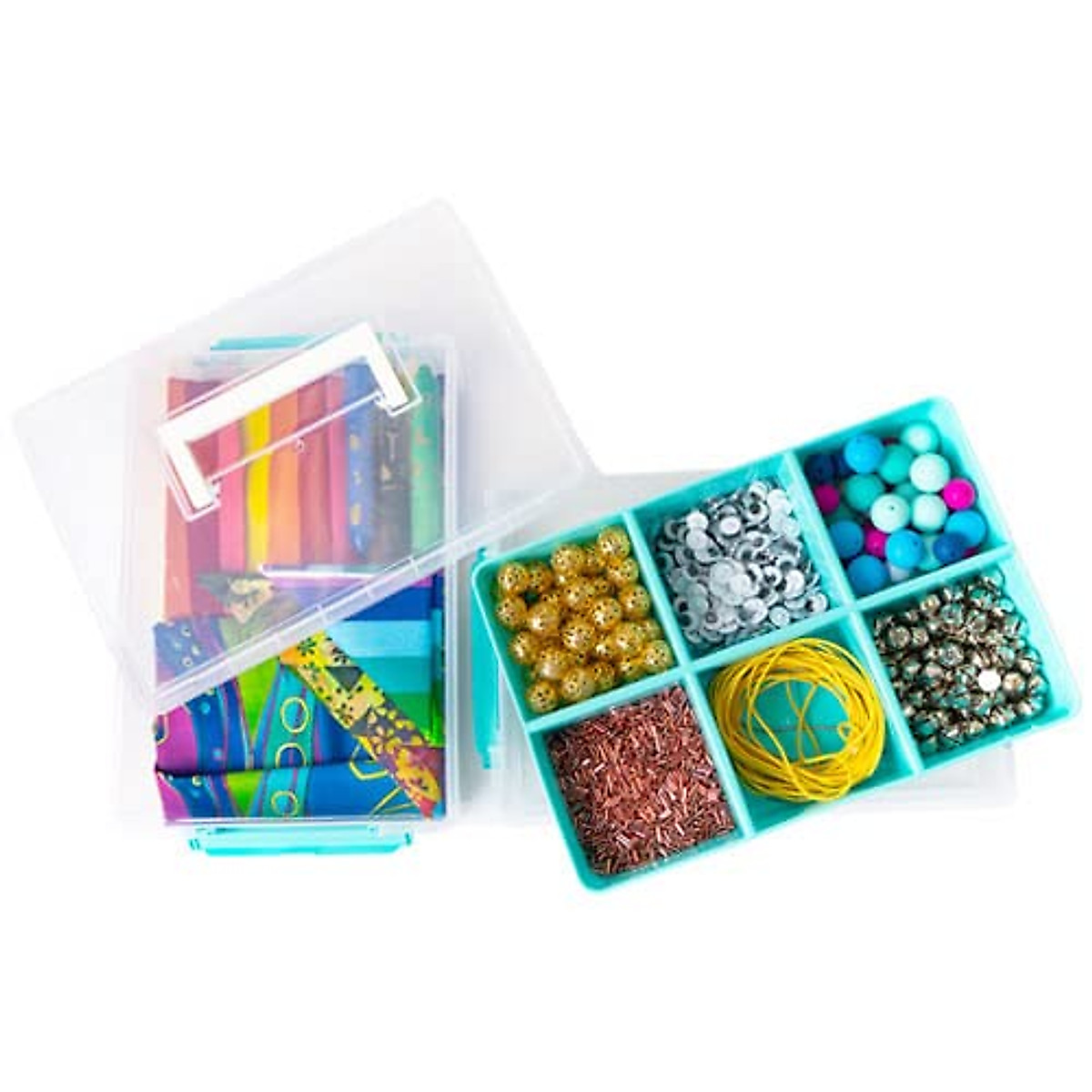 Joy Filled Storage - 3 Clear Stackable Containers with Handle and 6 Compartment Insert (10x7x2.5in) - with Turquoise Detail for Craft, Ideal for Food Storage and Organizing Containers