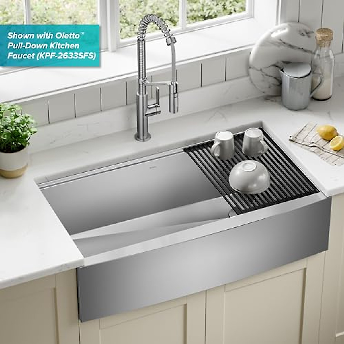 KRAUS Kore Workstation 36-inch Farmhouse Flat Apron Front 16 Gauge Single Bowl Stainless Steel Kitchen Sink with Integrated Ledge and Accessories (Pack of 5), KWF410-36