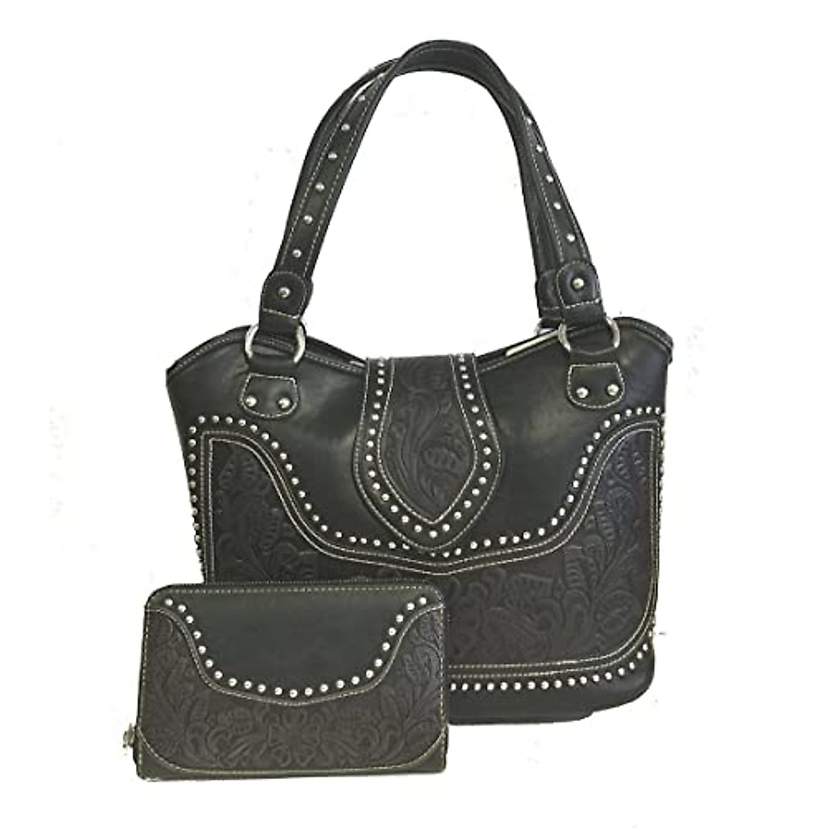 Concealed Carry Tooled Leather Shoulder Purse - Concealed Weapon Gun Bag w/ Matching Wallet By Montana West (Black)