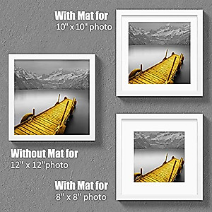 12x12 Picture Frames White Solid Wood Display Pictures 10x10 or 8x8 with Mat or 12x12 without Mat - 12x12 Inch Square Photo Frames with 2 Mats for Wall or Tabletop Mount, 1 Pack