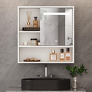 Sunghome Medicine Cabinet Mirror Bathroom Wall Cabinet, LED Light Bathroom Mirror with Storage, Medicine Cabinets with Slid Door and Adjustable Shelf, White, 24'' x 23.6''