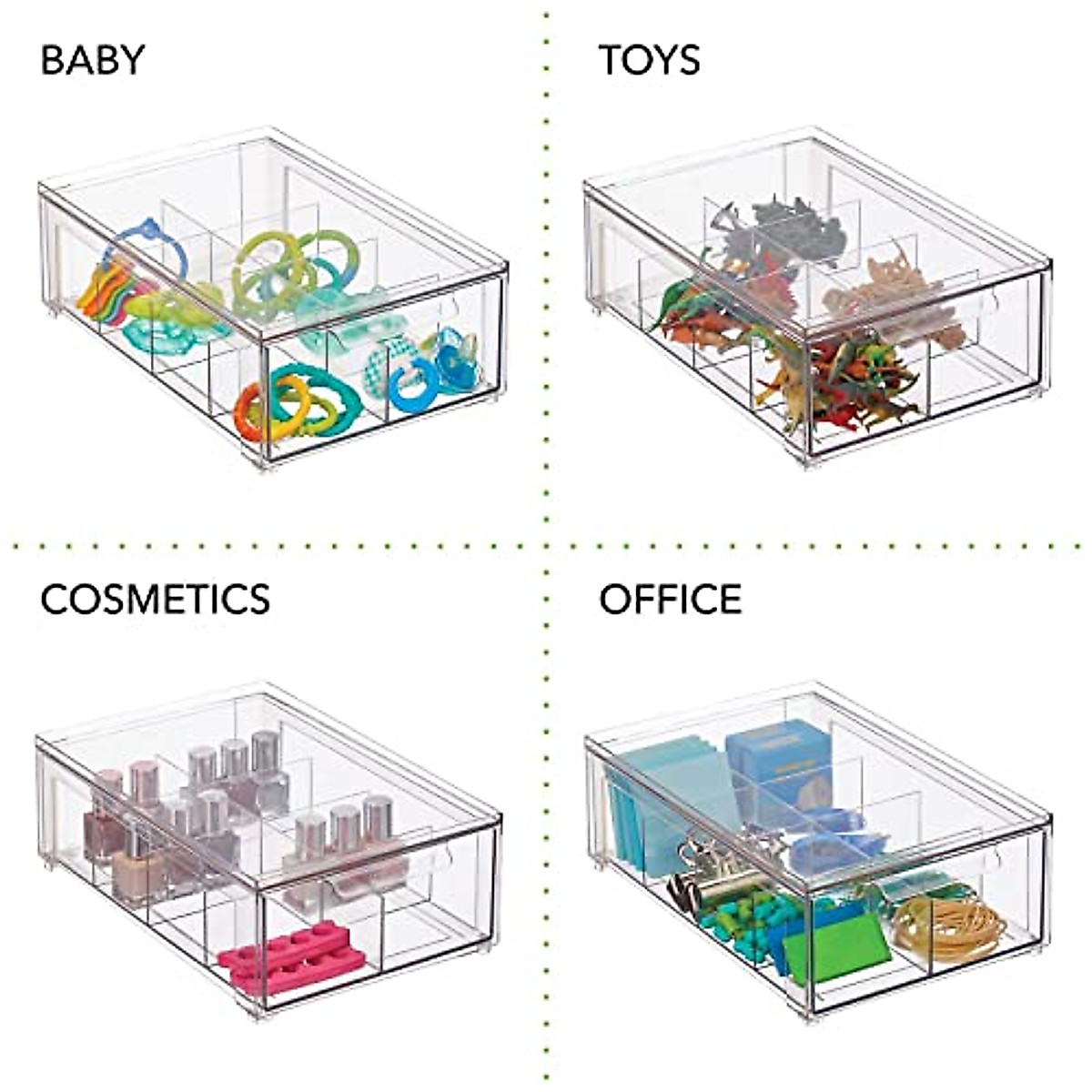 mDesign Plastic Kitchen and Pantry Organizer with Divided Drawer - Stackable Bin with 8 Sections for Tea and Snack Food - Perfect for Organizing Cabinet, Fridge - Lumiere Collection - 2 Pack - Clear