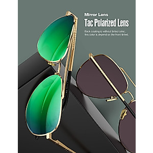 LUENX Men Aviator Sunglasses Polarized Womens Mirror Green Lens Metal Gold Frame Driving Shades Classic Style