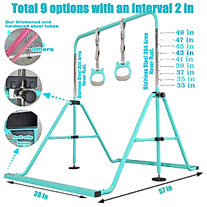 PreGymnastic Updated Folding Gymnastics Bar with Rings, Foldable Kip Bar with Sturdier Base, Gymnasitc Training Bar for Kids Ages 3-10, Gymnastic Horizontal Bars, Home Gym Equipment for Boys Girls