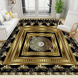 Retro Black Gold Greek Key Meander Area Rugs, 3D Geometric Gold Print Entryways Mat, Machine Washable Soft and Comfortable for Room Living Room Office Dining Indoor Outdoor Hallway, 4ft x 6ft