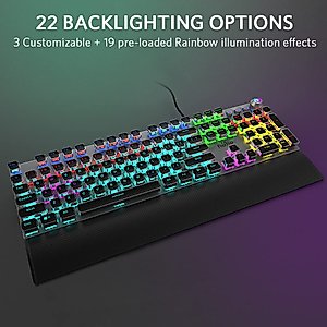 Fiodio Mechanical Gaming Keyboard, LED Rainbow Gaming Backlit, 104 Anti-ghosting Keys, Quick-Response Black Switches, Multimedia Control for PC and Desktop Computer, with Removable Hand Rest