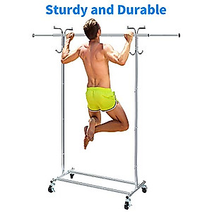 HOUSE AGAIN Adjustable 2-in-1 Heavy-Duty Garment Rack Clothes Coat Rack Rolling with Foot Operated Lockable Wheels, Extra Strength Clothes Rack for Hanging Clothes, Shoes Organizing, Chrome