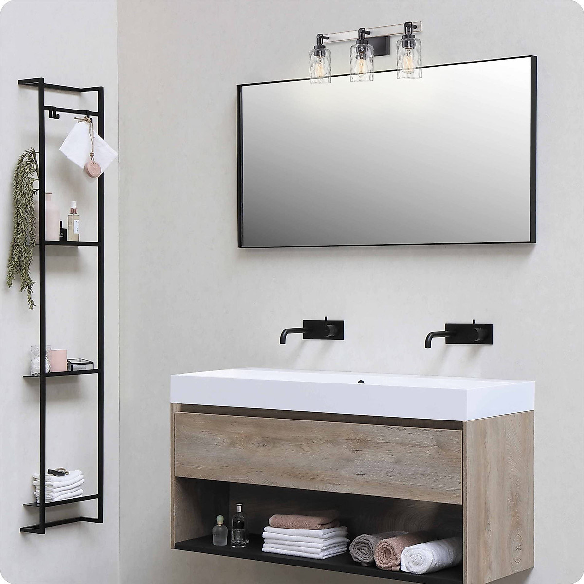 Kira Home Ashland 24" 3-Light Farmhouse Bathroom/Vanity Light + Hammered Glass Shades, White Ash Wood Style + Black Finish
