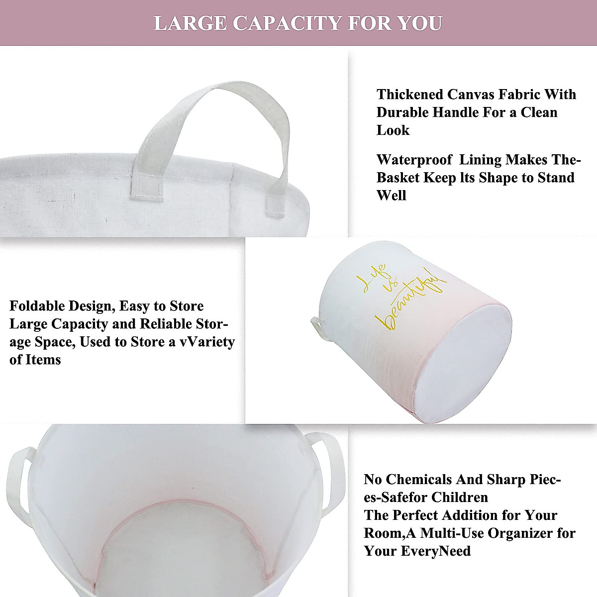 Mziart Storage Bins, 19.7" Large Storage Basket Canvas Nursery Hamper Collapsible Laundry Baskets Waterproof Organizer Basket with Gradient Design for Toys Clothes Kids Bedroom (Pink)