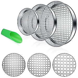 Windyun 3 Pcs Rock Garden Sieve Soil Dirt Sifter Sand Soil Sieve Compost Sifter Screen Sifting Screen Pan Metal Dirt Strainer with Shovel Tools for Gardening Bonsai Beach Gravel, 3 Sieve Mesh