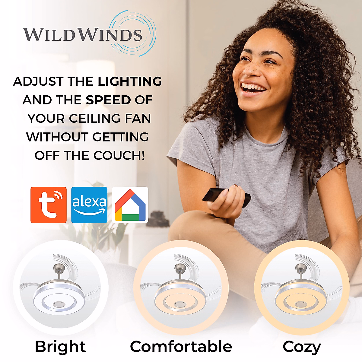 WildWinds 42" Retractable Ceiling Fan With Bluetooth Music Player Speakers | 3 Dimmable LED Lights With Adjustable Speed & Remote Voice Control | Perfect For Bedroom, Living Room & Kitchen