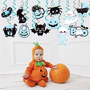 Halloween Baby Shower Hanging Swirls A Baby is Brewing Decorations 20Pcs Halloween Litlle Boo Hanging Decorations Blue Ghost Ceiling Streamers for Pregnancy Gender Reveal Party Supplies