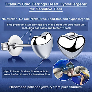 VGACETI Titanium Earrings Heart Stud Earrings, Hypoallergenic for Sensitive Ears Women Men, Premium High Polished (Large Shiny Grey)