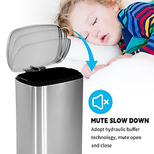 BLKMTY Trash Can 13 Gallon Trash Can Kitchen Trash Cans with Lid Stainless Steel Trash Bin Step Garbage Bin with Inner Bucket Pedal Rubbish Bin for Office Step-Open Steel Garbage Can, Silver