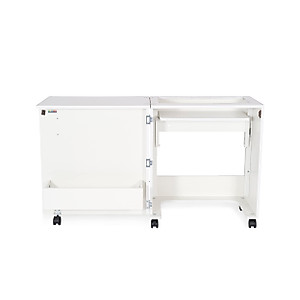 Arrow Sewing Classic Furniture “Judy” Sewing Cabinet: Portable, Folding, Compact, Locking Wheels, with Storage Bin and Hydraulic Machine Lift-White