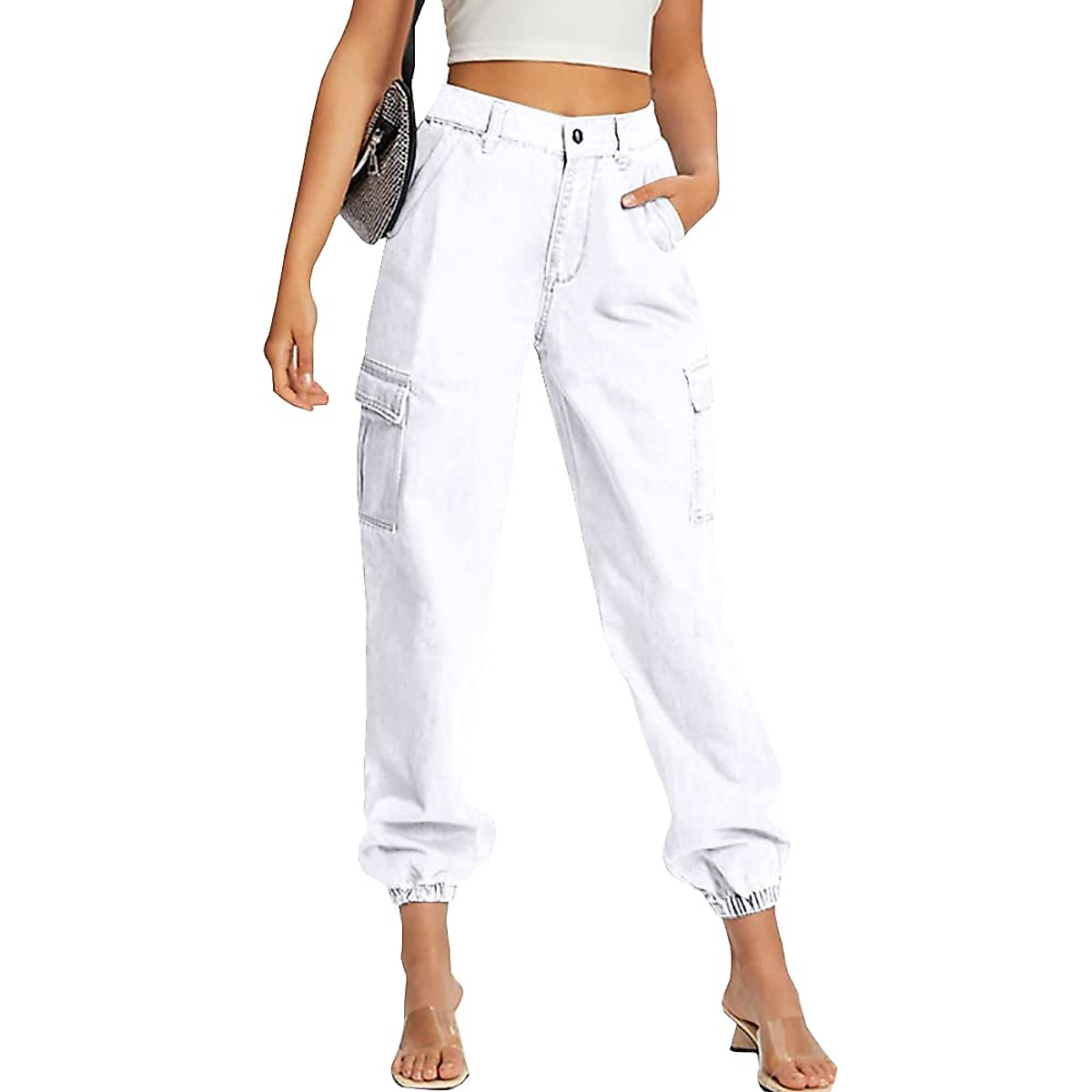 LONGYIDA Women's High Waisted Jean Joggers Elastic Waist Boyfriend Cargo Jeans Casual Loose Denim Joggers Stretch Pants(White,M)