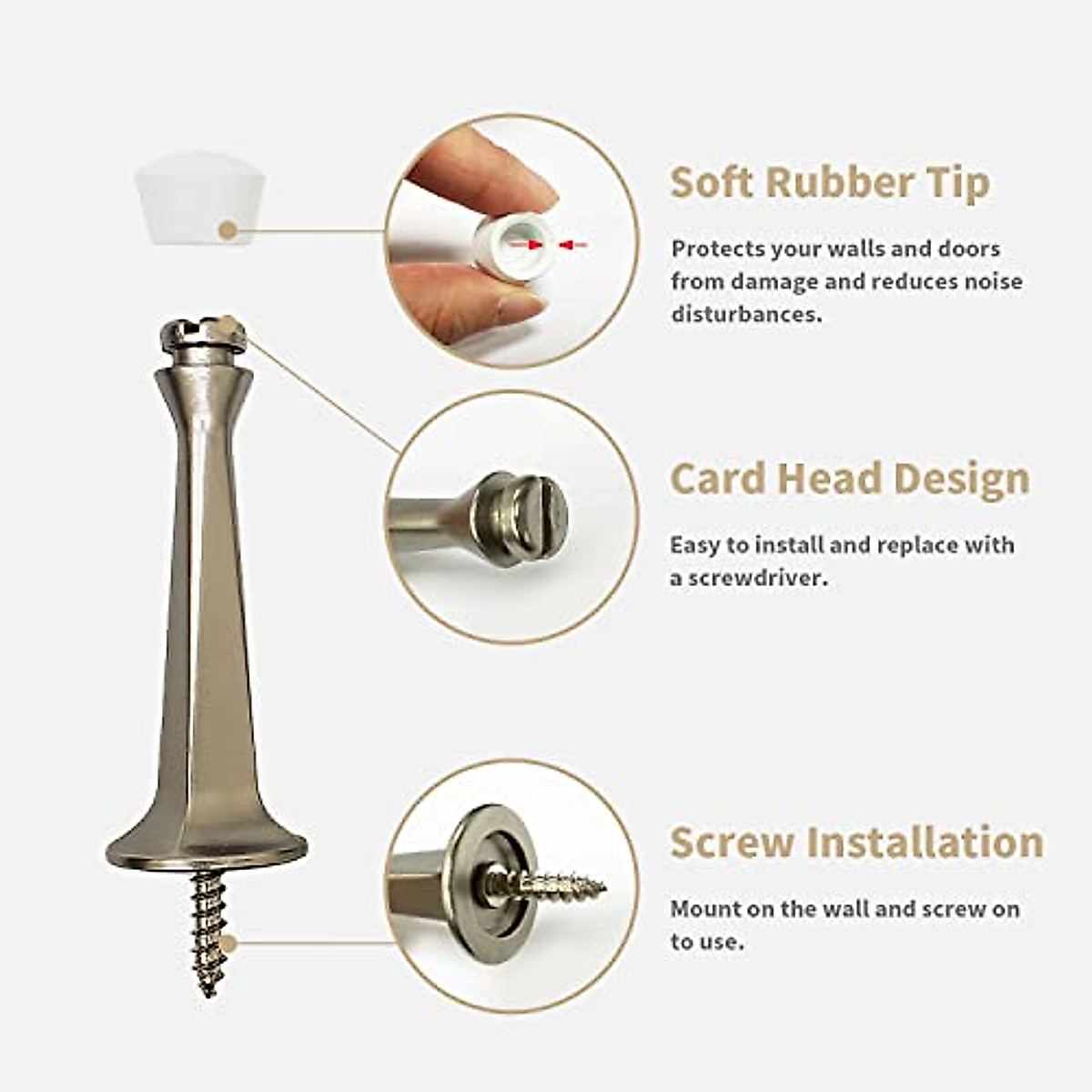 Greatim GT-DS 3 inch Heavy Duty Solid Rigid Door Stop, Zinc Die Cast Door Stopper, Soft Bumper Tips, Zinc Alloy, Silver, 5 Pack (SN)