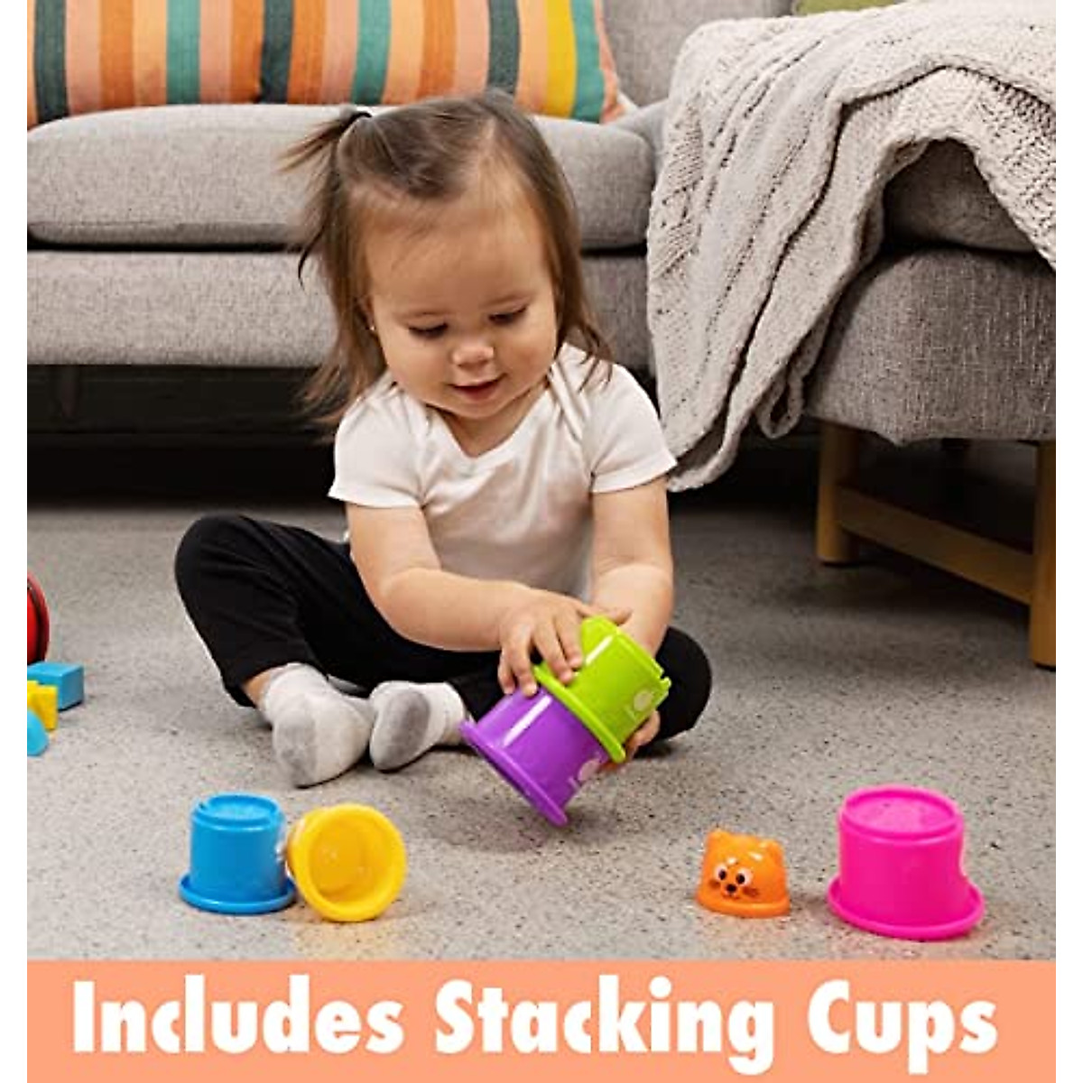PIDOKO KIDS Wooden Baby Walker - 1 Year Old Boy Girl Gifts - Includes Stacking Sorting Cups, Zoo Themed Blocks and Book - Developmental Montessori Learning Toys for Babies 12 Months +