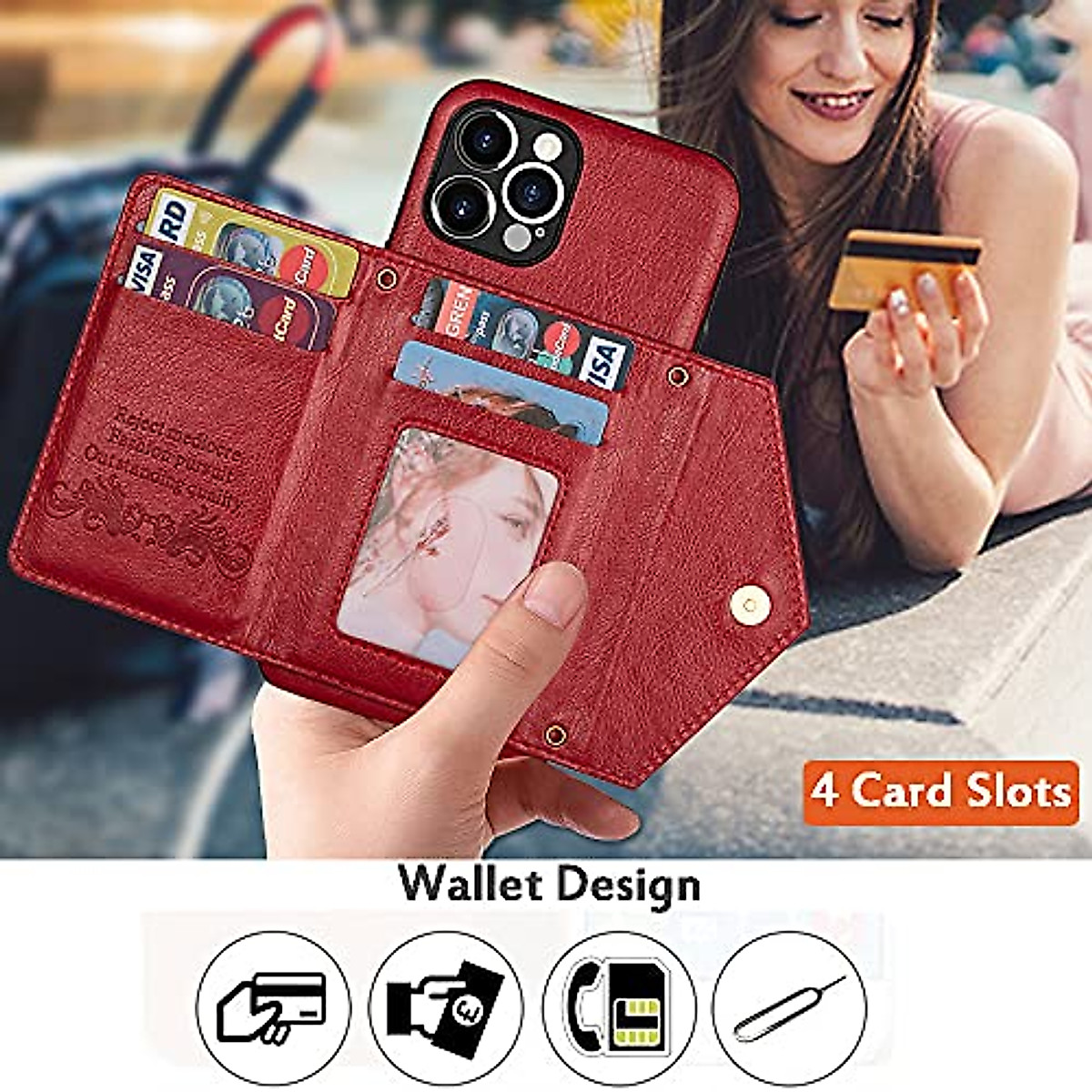 KUDEX Wallet Case for iPhone 13 Pro Max,Slim Fit Card Holder Case with Crossbody Strap Leather Magnetic Handbag Protective Folding Case Cover for Women Girl for iPhone 13 Pro Max 6.7" 2021(Red)