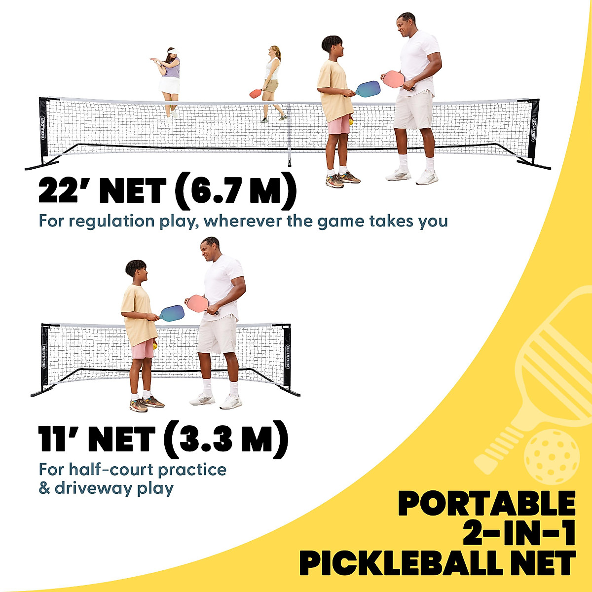 Boulder Pickleball Net - Premium USAPA Standard Full Court 22ft Pickleball Net Set with Additional 11ft Half Court Pickle Ball Tennis Net