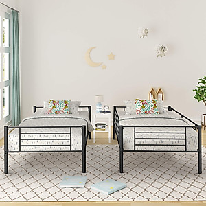 JULYFOX Steel Bunk Bed Twin Over Twin, Modern Metal Bed Frame 550 lb Heavy Duty with Stairs Side Guard Rails 10.8 inch Storage Space No Box Spring Needed 2 Twin Bed Platform for Kids Teens Black