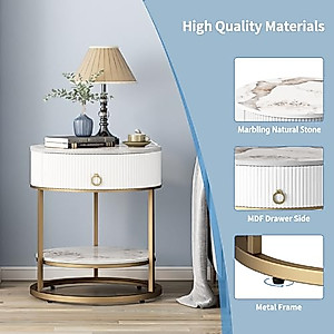 OIOG Round Side Table with Drawer, 2 Tier Night Stand with Shelf, Modern Side Table with Gold Legs for Living Room, Bedroom, Dorm, Marbling Natural Stone/Gold